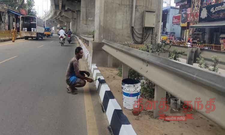 Painting work on 4-lane highway between Coimbatore-Pollachi is in full swing | கோவை- பொள்ளாச்சி ...