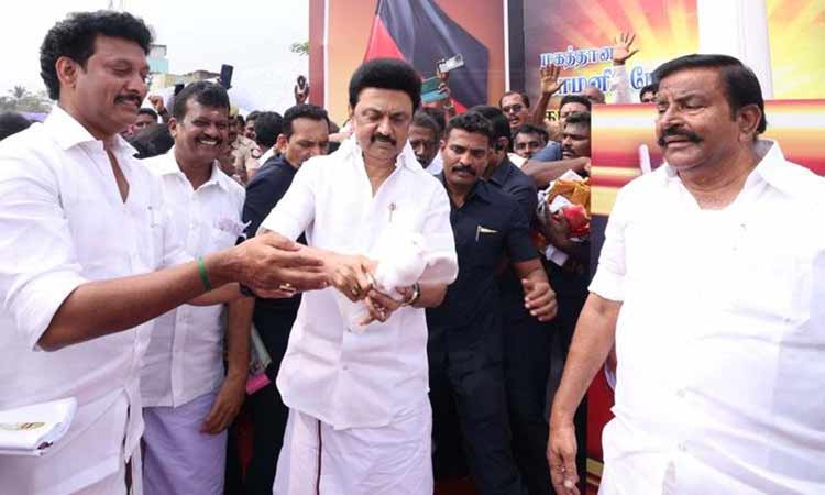 DMK on a 70 feet high pole. Chief Minister M. K. Stalin hoisted the ...