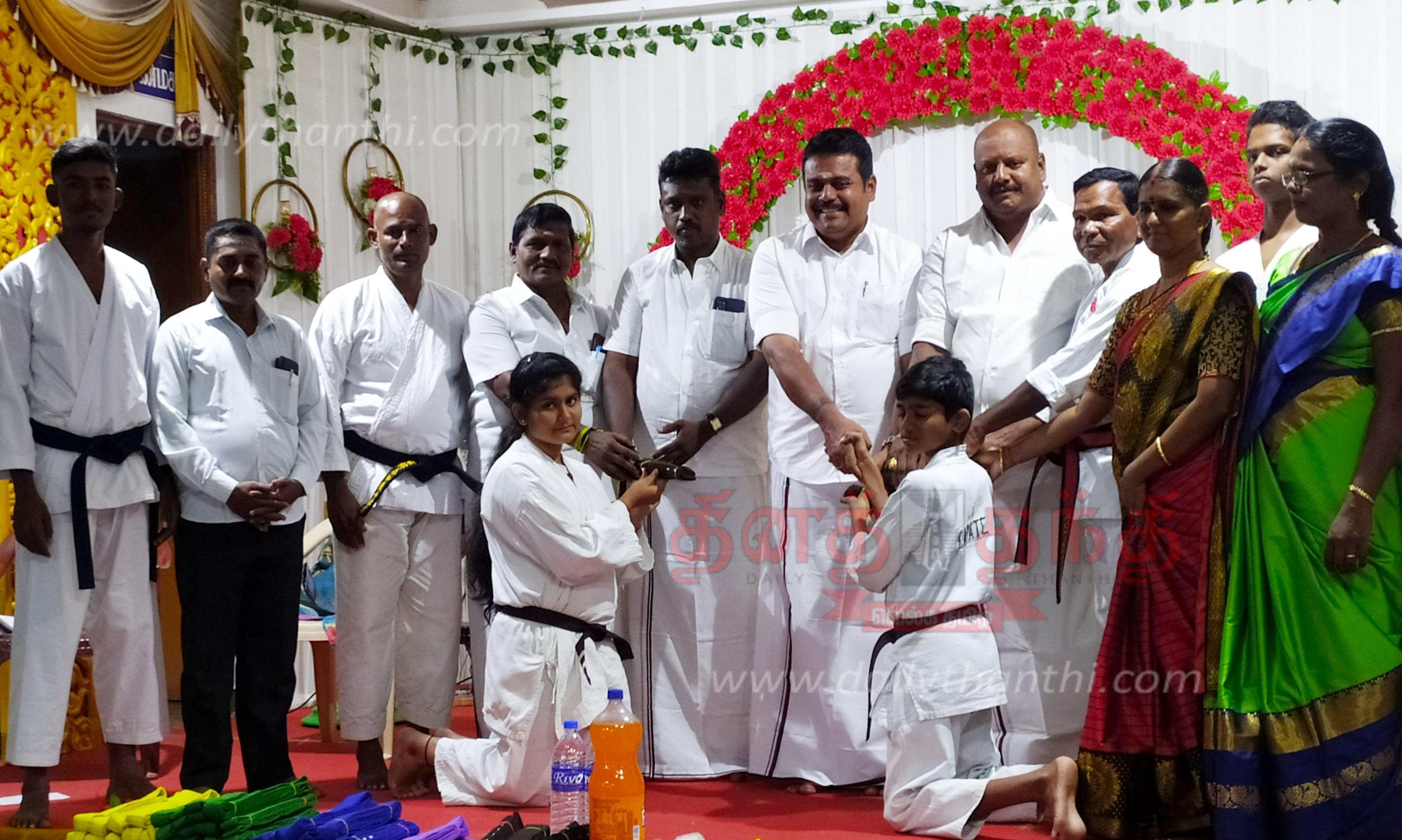 Belt awarding ceremony for karate students in Cholavanthan ...