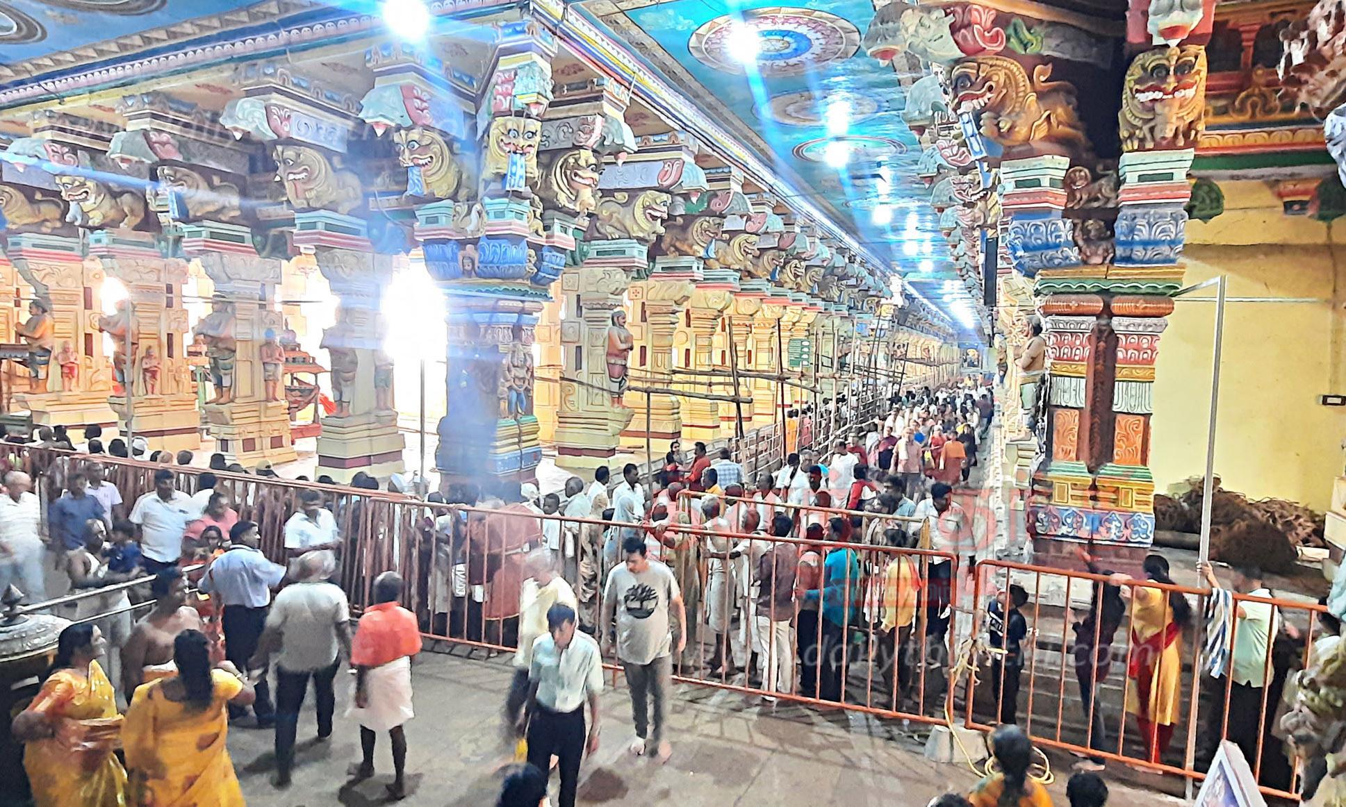 There are barricades at many places in the Rameswaram temple to prevent ...