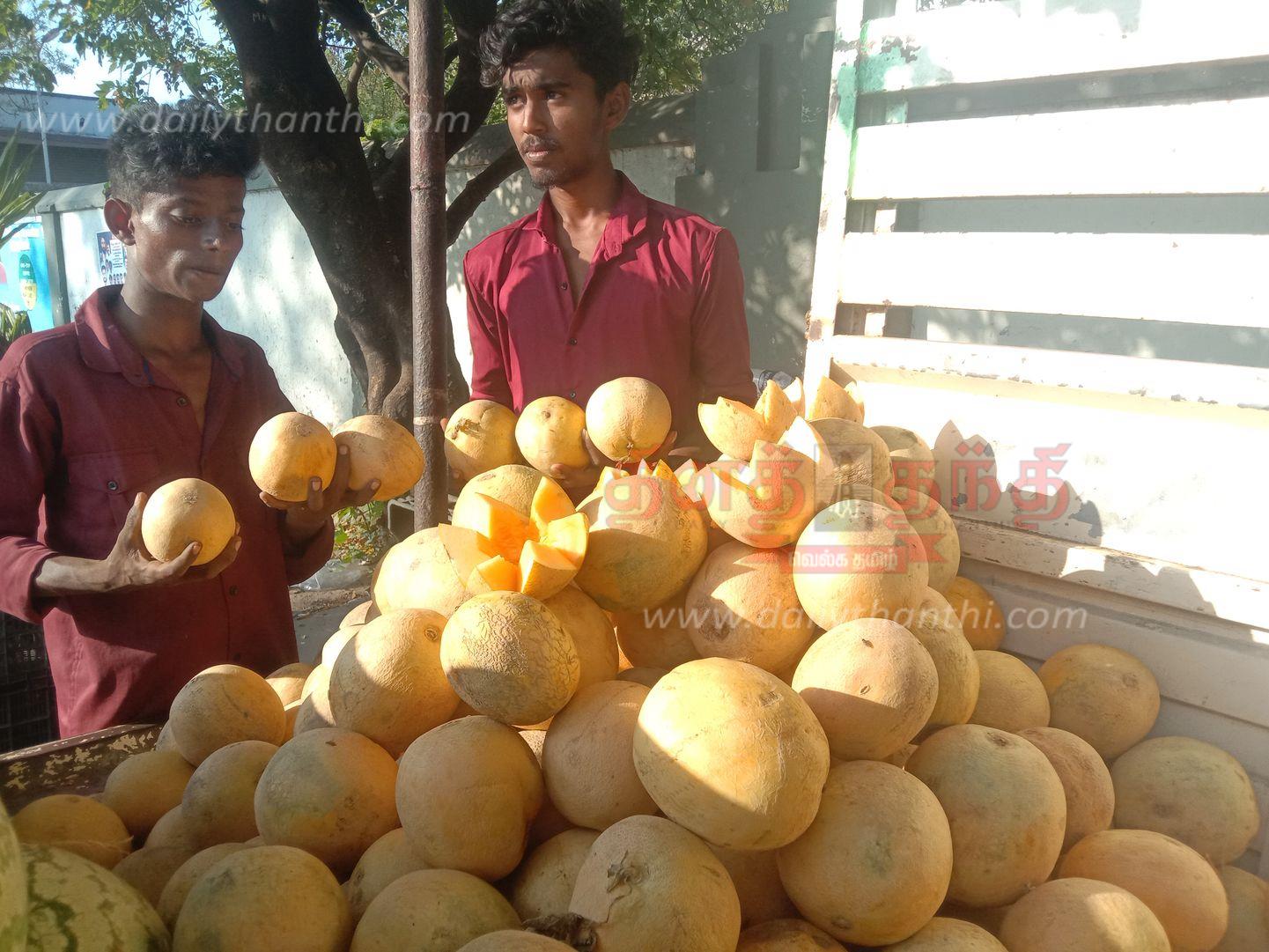 kirni fruit sales | சுட்டெரிக்கும் வெயில்; கிர்ணி பழம் வரத்து அதிகரிப்பு