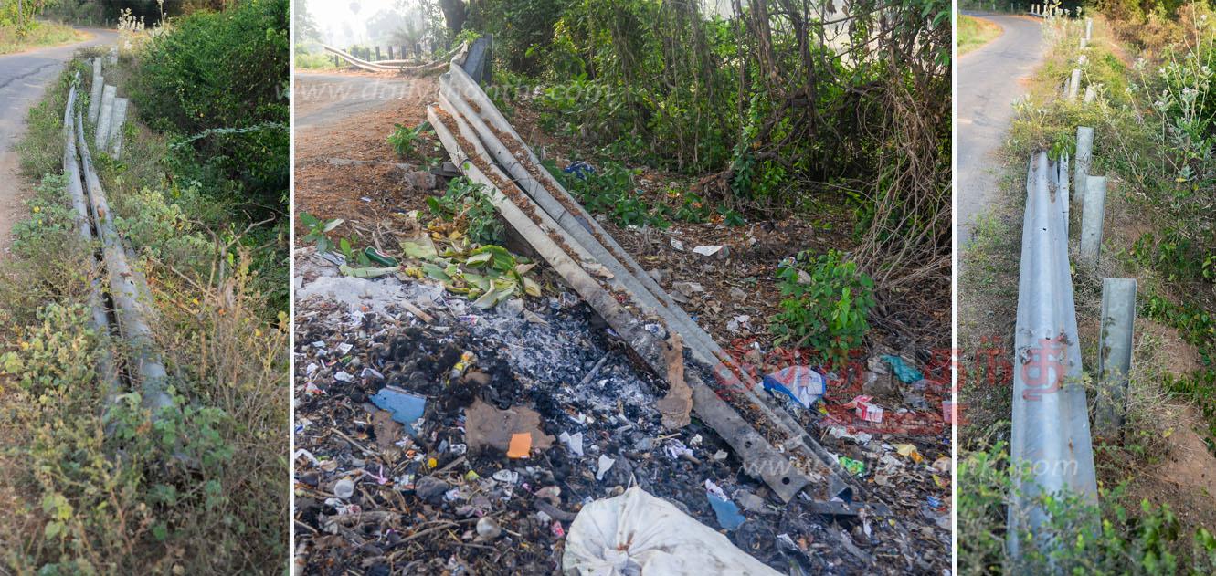 Broken roadside barricades | உடைந்து கிடக்கும் சாலையோர தடுப்பு கம்பிகள்