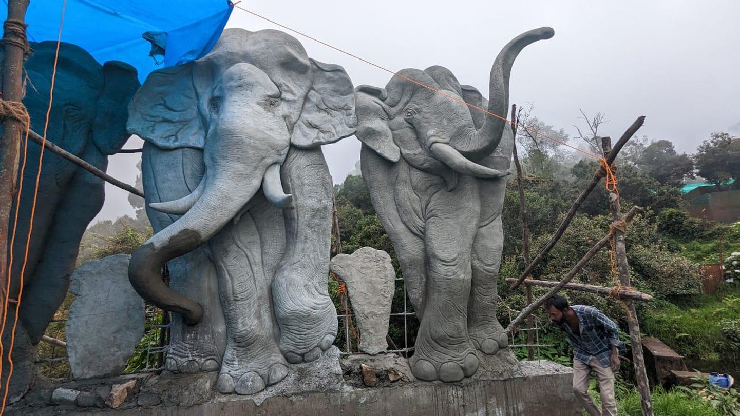 The work of erecting an elephant statue at Pillar Rock is in full swing ...
