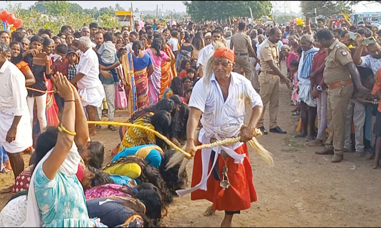 A strange ritual of exorcising women by whipping them in a temple ...