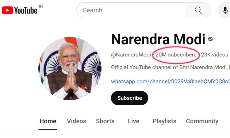PM Narendra Modi's YouTube channel subscribers number cross 2 crore | 2 ...