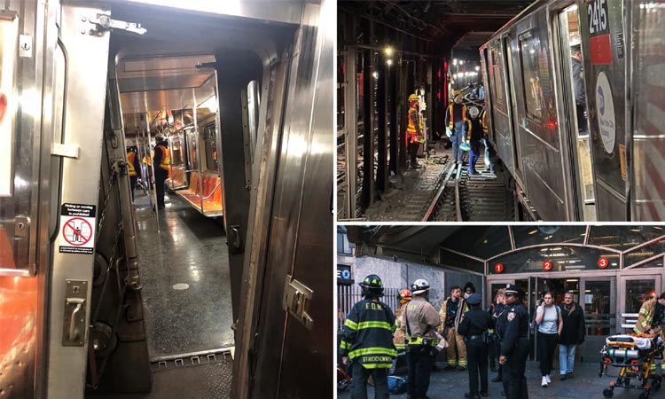 New York City subway train derails in collision with another train, injuring more than 20 people ...