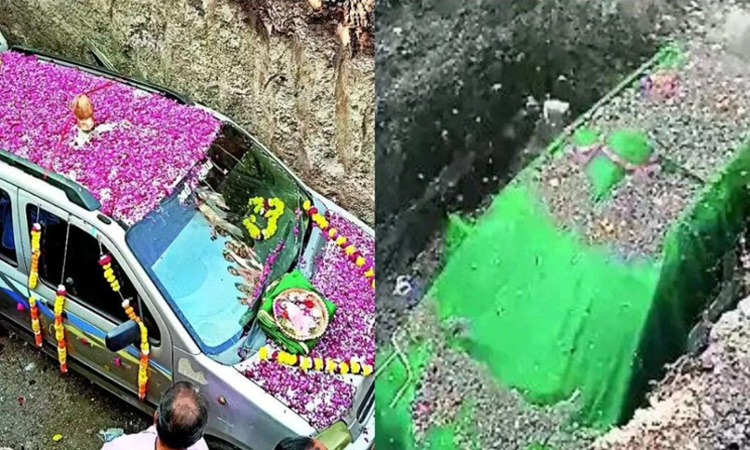 Decoration for car, Samadhi with pooja/காருக்கு அலங்காரம், பூஜையுடன் சமாதி